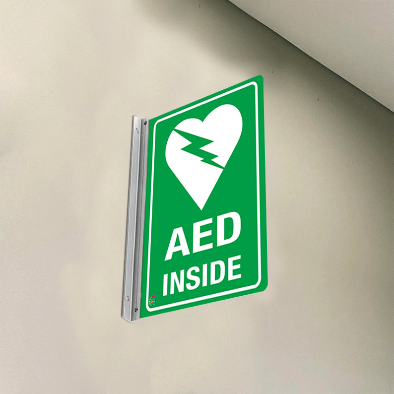 AED Inside Sign – Double-Sided Off-Wall Safety Sign – K2K Signs