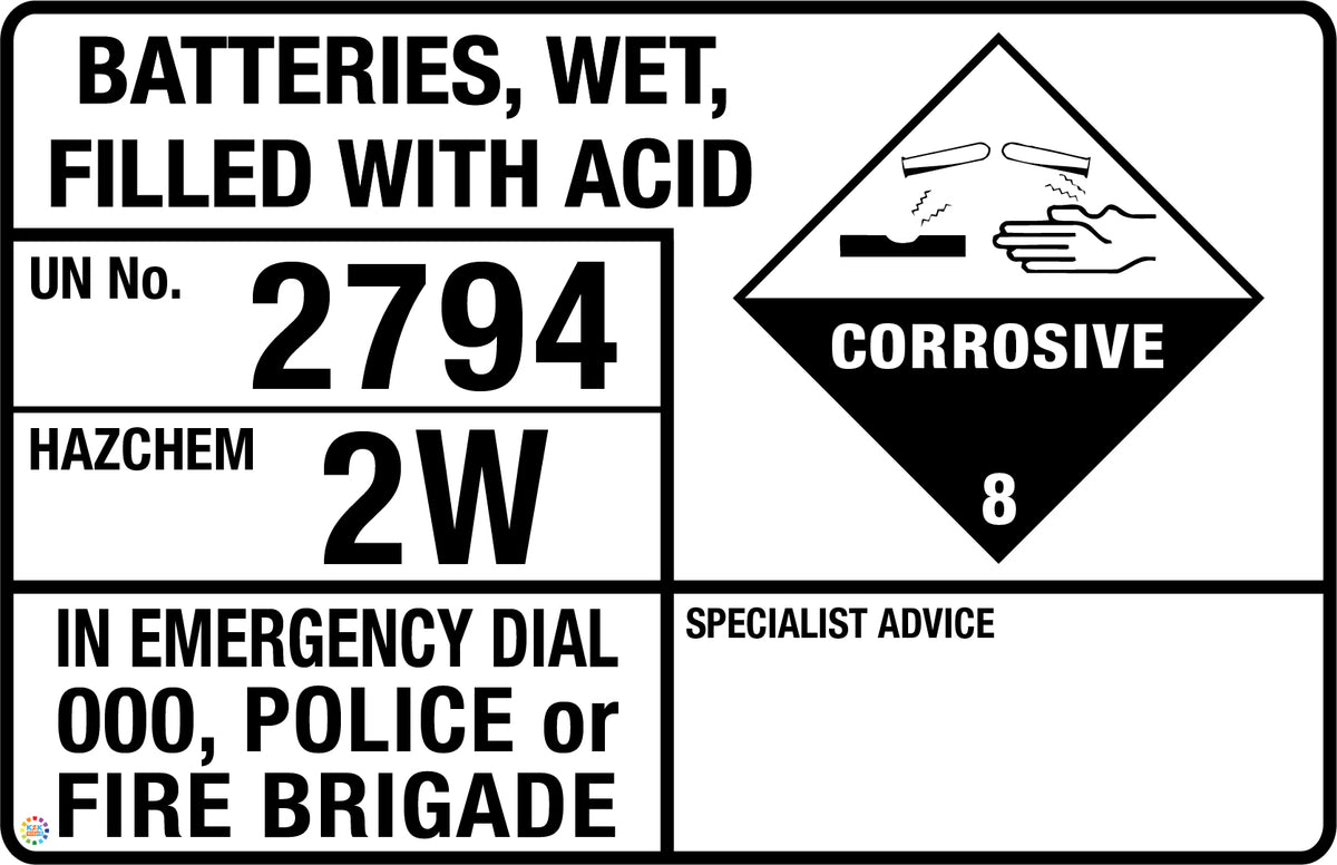 Batteries, Wet, Filled With Acid Sign | K2K Signs Australia