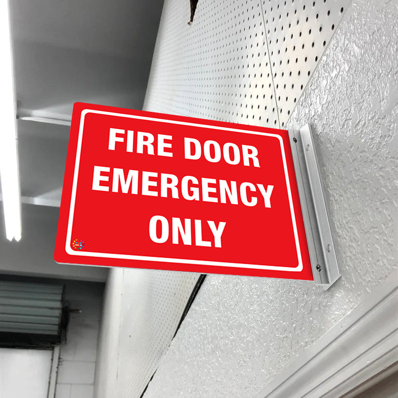 Fire Door Emergency Only Sign – Double Sided Metal Wall Bracket – K2K Signs