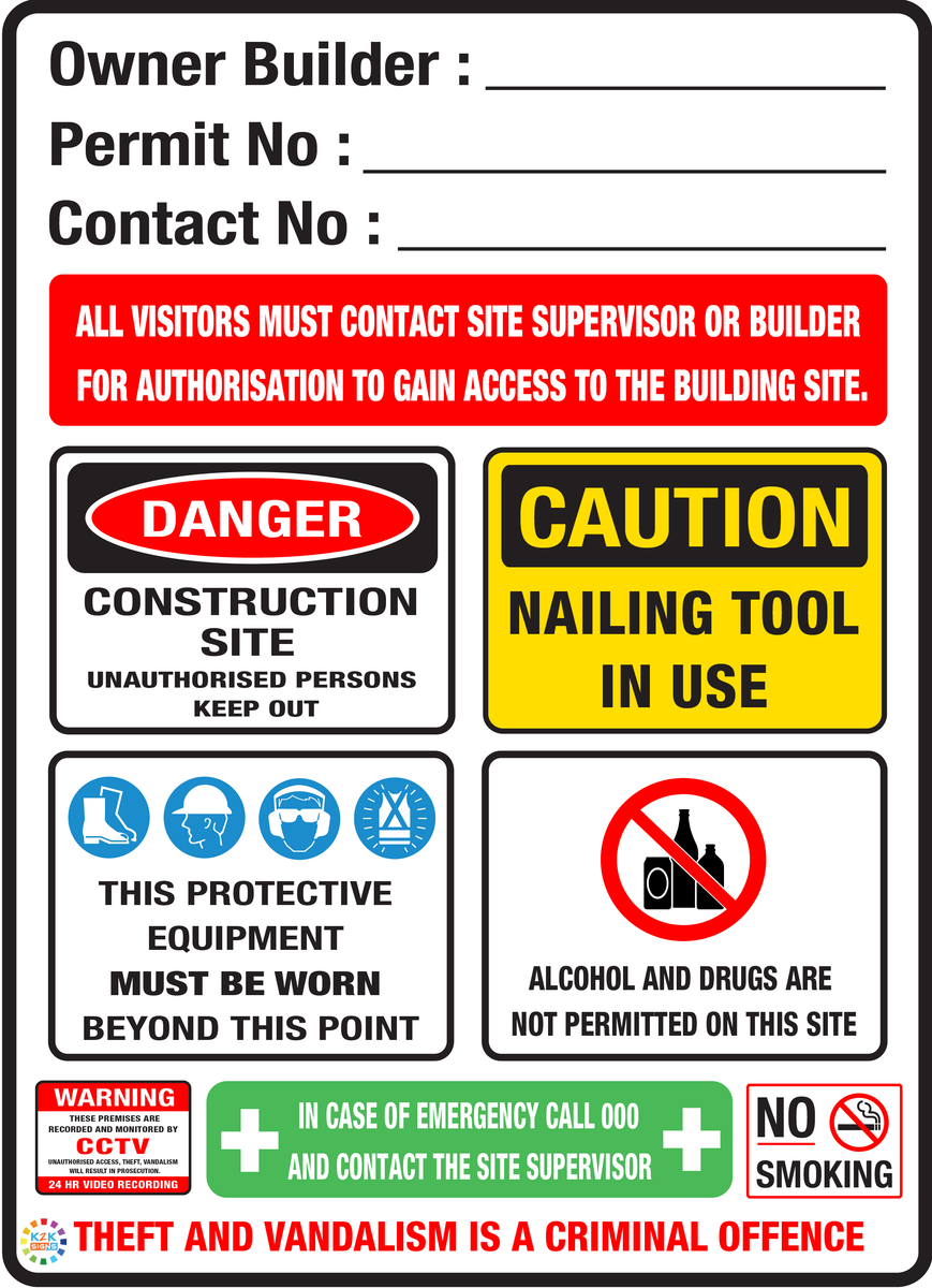 Owner Builder Construction Site With CCTV, No Smoking & More Sign | K2K ...