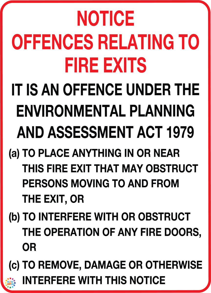 Notice - Offences Relating to Fire Exits Sign | K2K Signs Australia